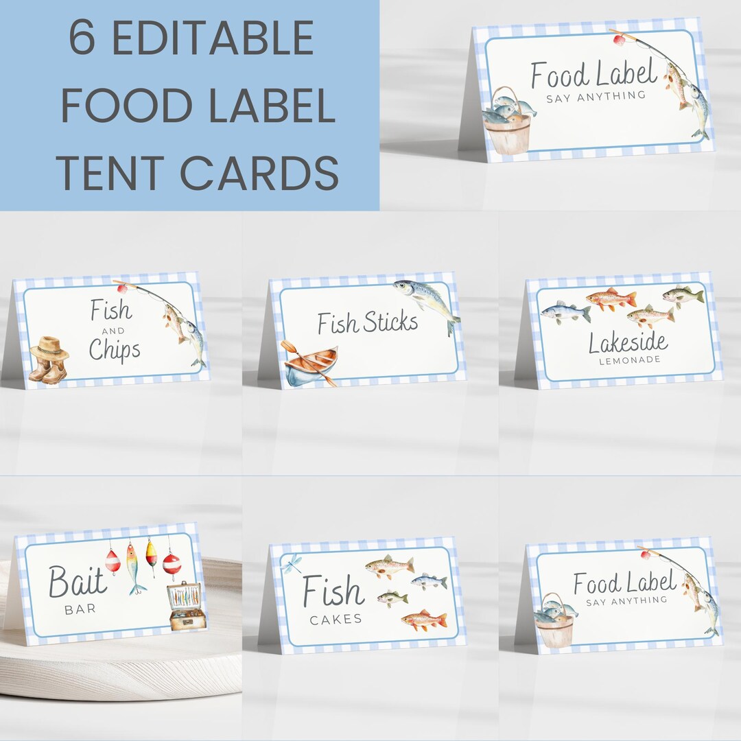 Ofishally One Birthday Buffet Labels Fishing 1st Birthday Place Cards ...