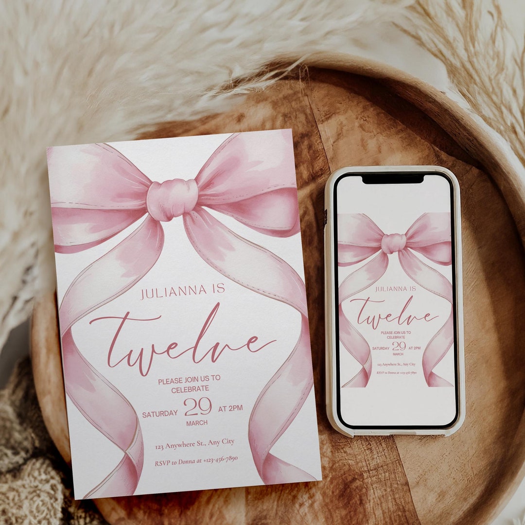 12th Birthday Invitation Pink Coquette Invite Girl Twelfth Pink Bow ...