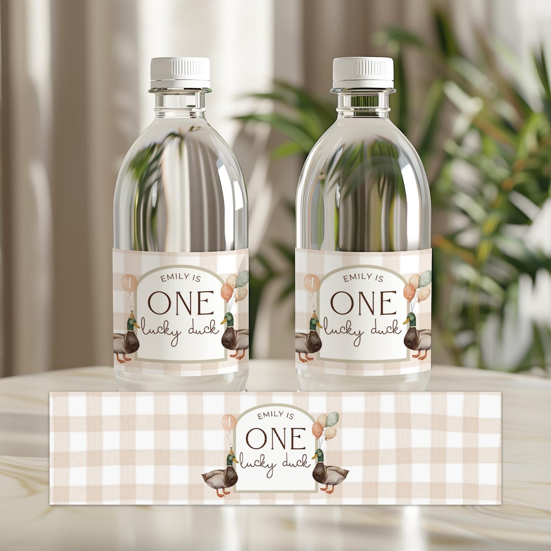 One Lucky Duck Birthday Party Water Bottle Label Editable Drink Label ...