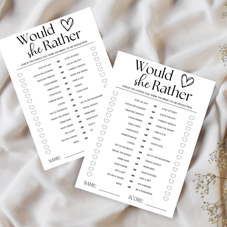 Would She Rather Bridal Shower Game Template Printable Interactive ...
