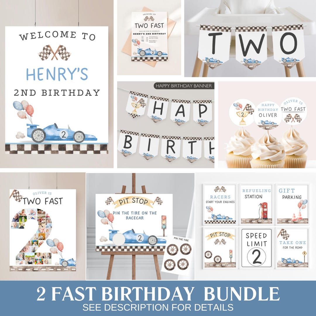 Two Fast Birthday Bundle Two Fast Two Curious Birthday Party Decor Race ...