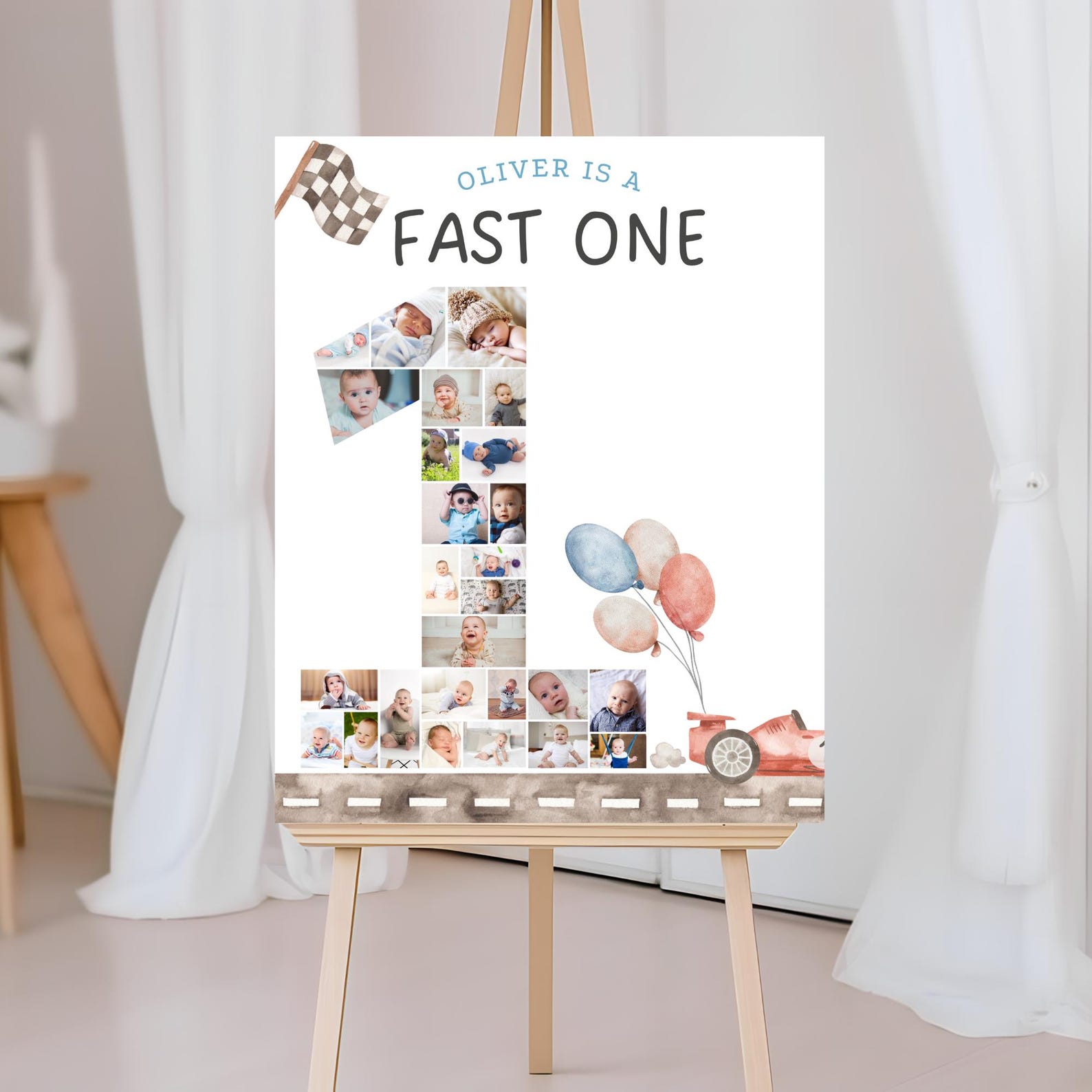 Fast One Birthday Milestone Poster Editable Race Car Birthday 1st ...