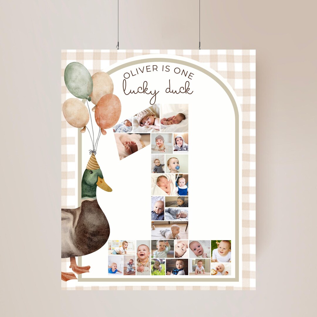 One Lucky Duck Birthday Sign Photo Collage Editable Mallard Duck 1st ...