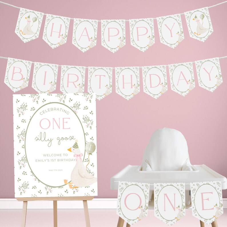 One Silly Goose First Birthday Party Sign Happy Birthday Banner Goose ...