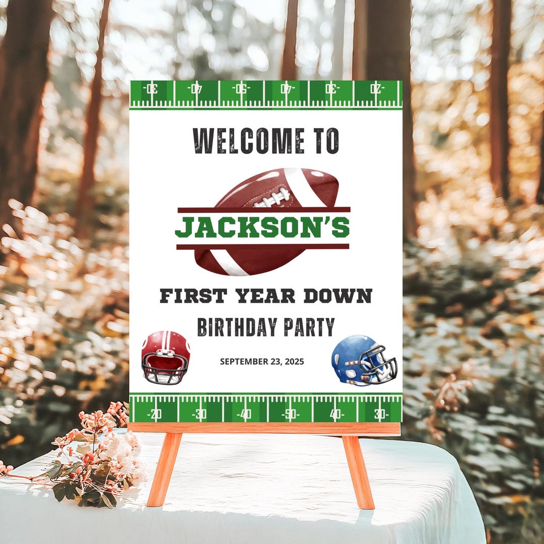 First Year Down Welcome Sign 1st Birthday Boy Football Birthday Decor ...