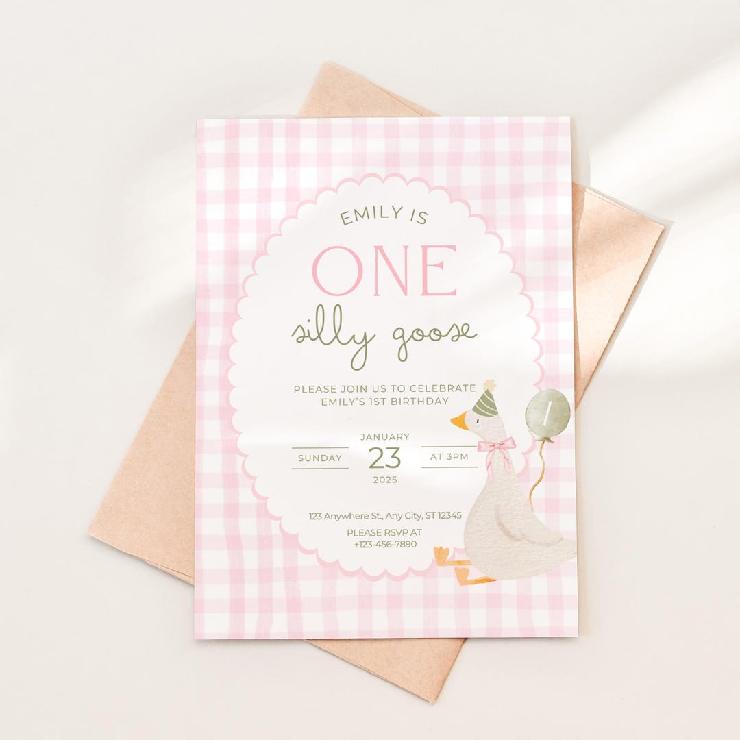 One Silly Goose Birthday Invite Pink Gingham First Birthday 1st ...
