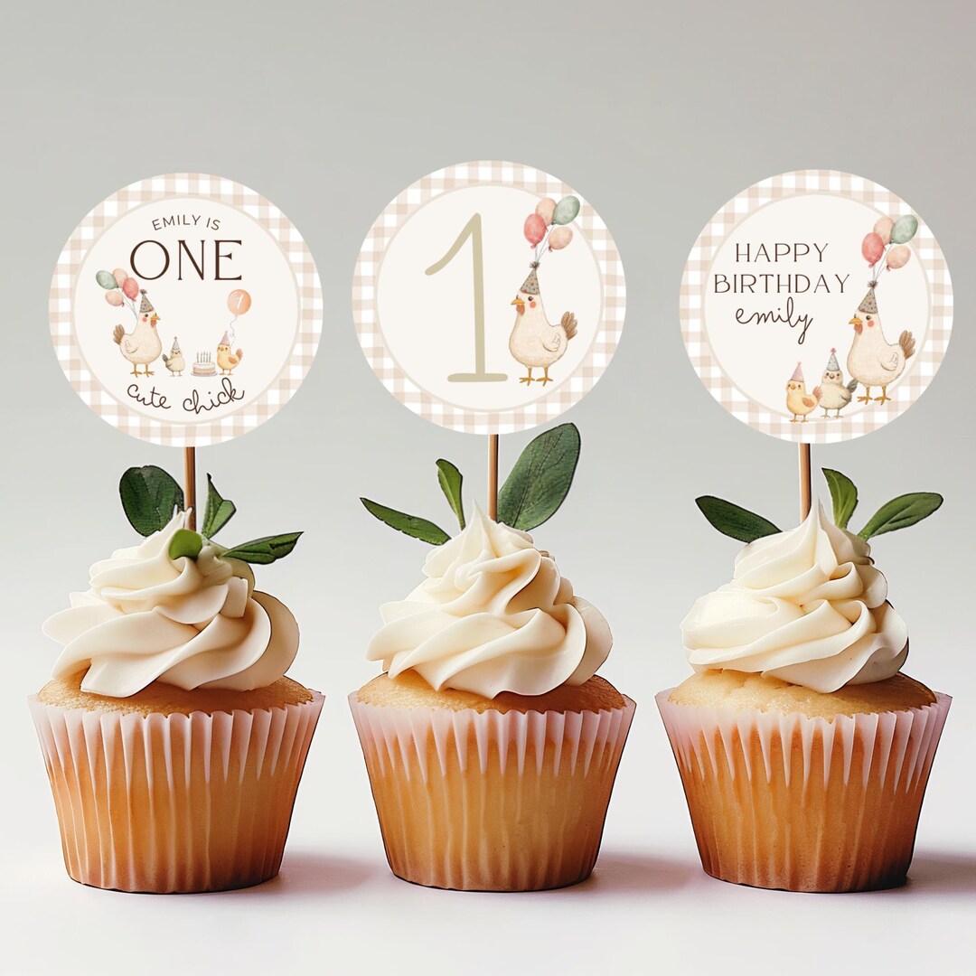 One Cute Chick Birthday Party Cupcake Toppers Editable Cake Topper ...