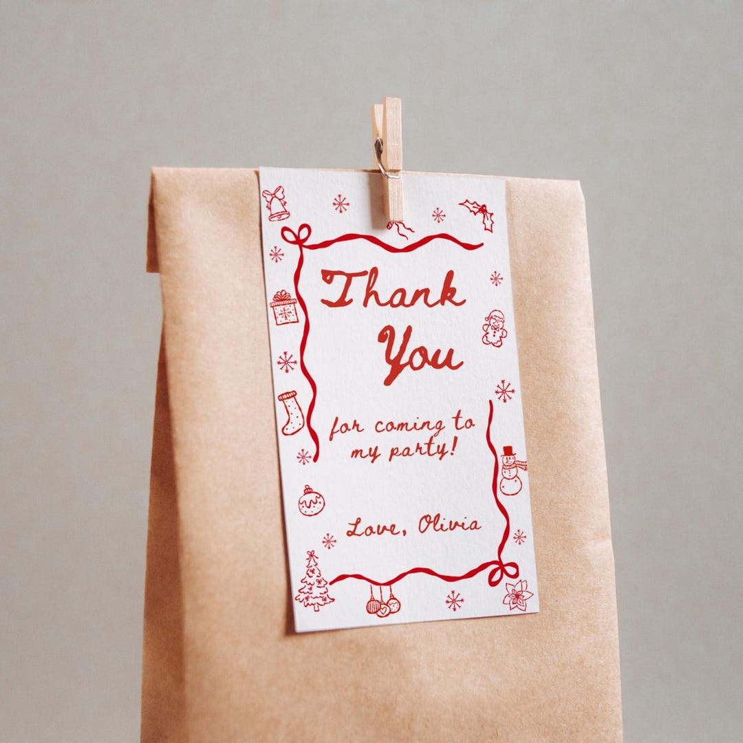 Whimsical Christmas Birthday Thank You Tag Editable Holiday Favor Tag ...