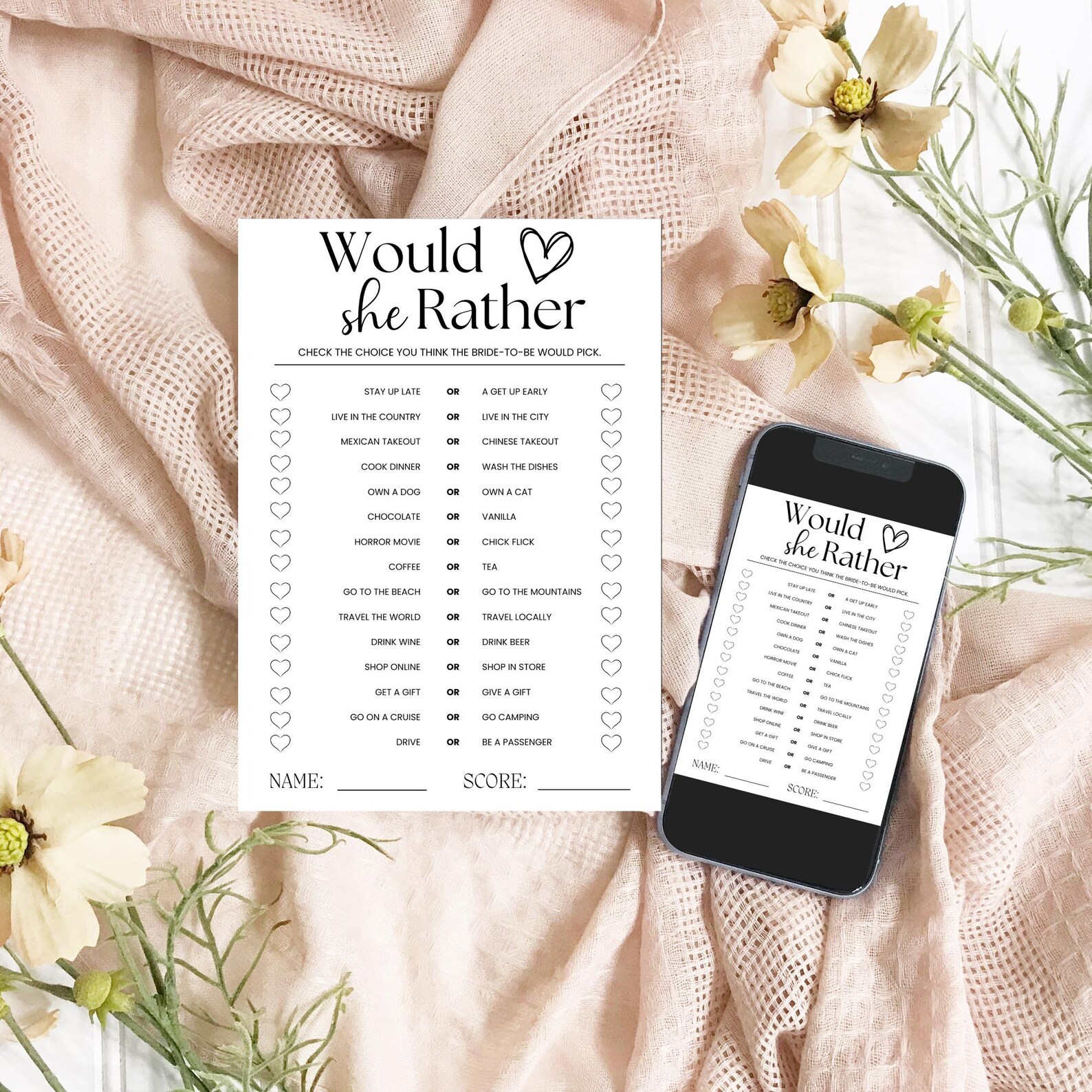 Would She Rather Bridal Shower Game Template Printable Interactive ...