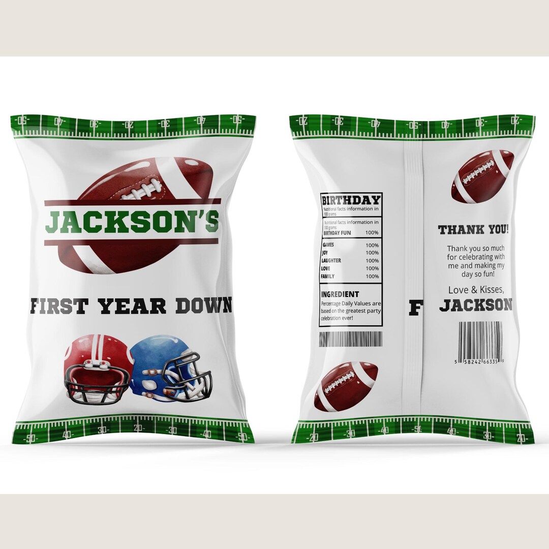 Football 1st Birthday Chip Bag First Down Football Birthday Party ...