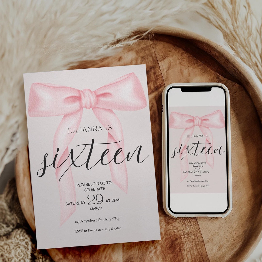 16th Birthday Invitation Pink Coquette Invite 16th Birthday Invitation Girl Sixteenth Pink Bow ...