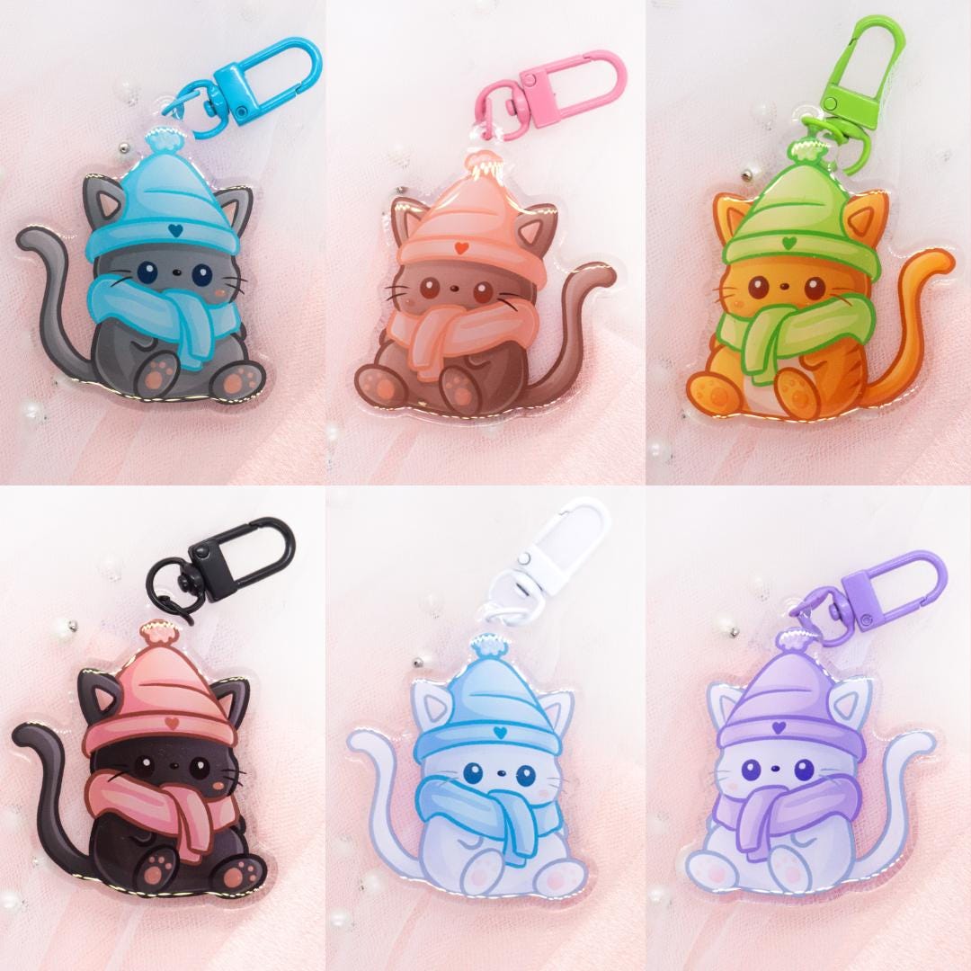 Kawaii Cat Keychain | Winter Neko | Cat | Kitty | Kitten | Brown, Grey ...