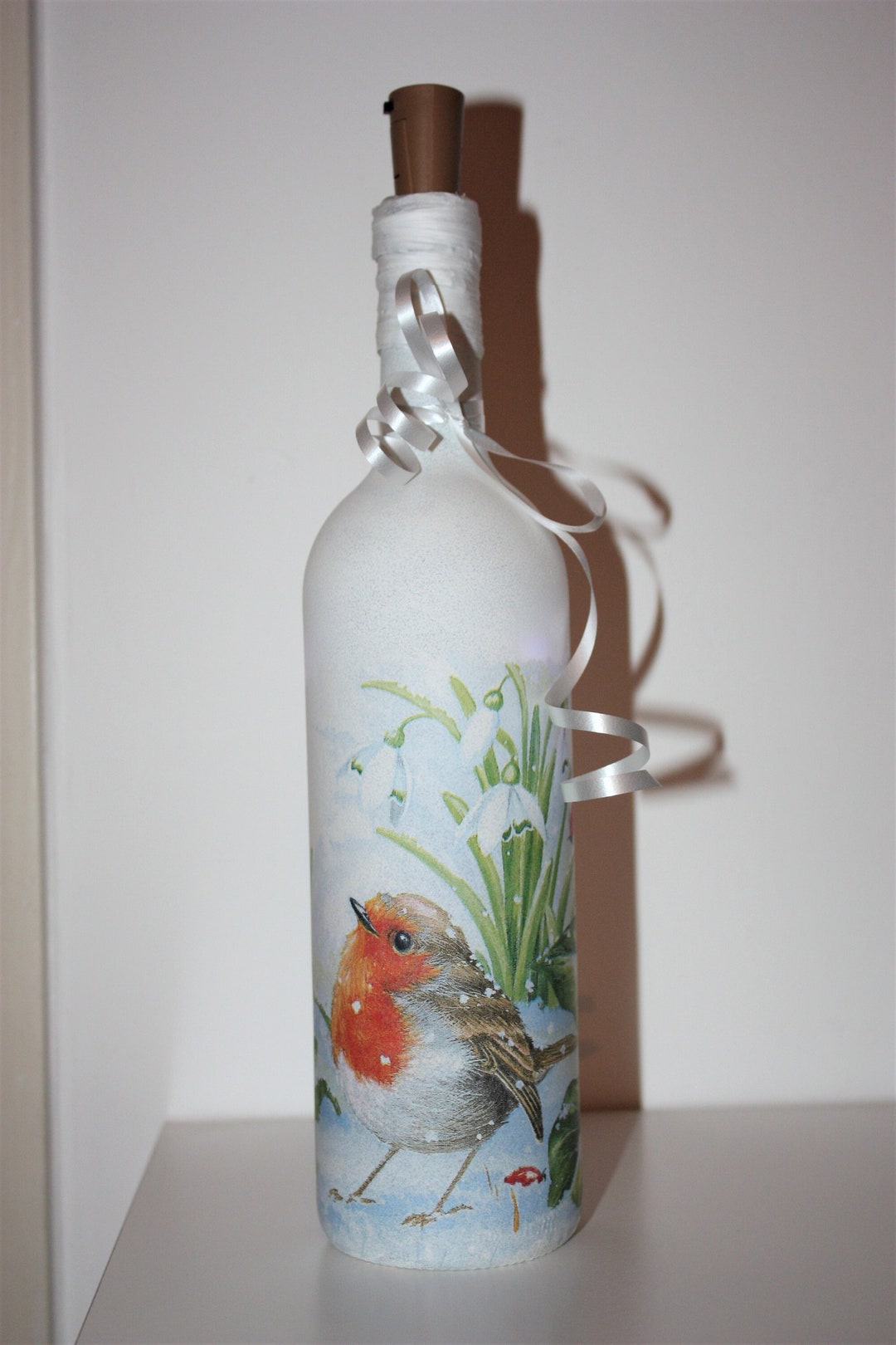 Robin Light up Bottle Lamp, Decoupage Bottle Light, Bottle With Light ...