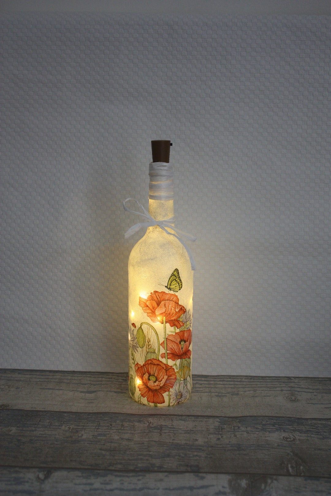 LED Light up Bottle Lamp, Decoupage Poppies Bottle Light, Bottle With ...