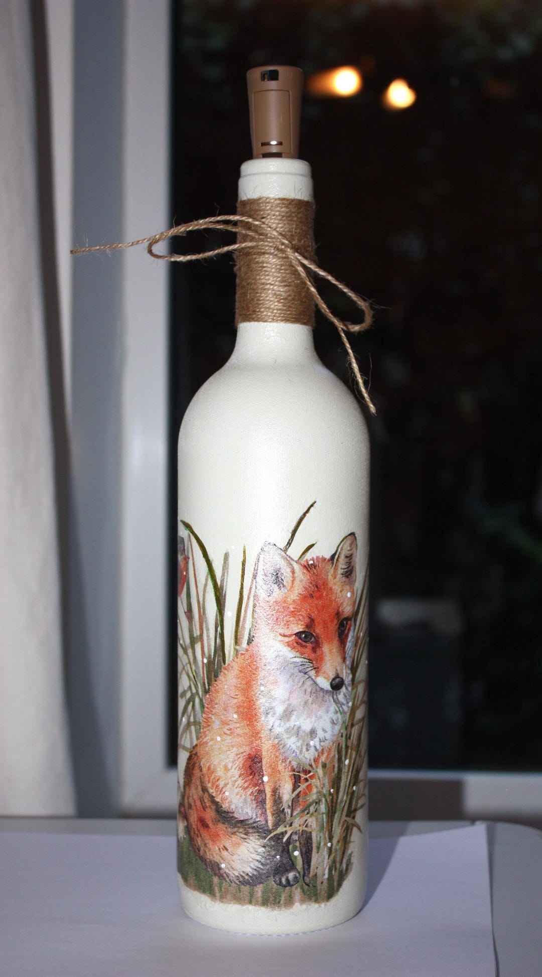Light up Bottle Lamp, Decoupage Fox Bottle Light, Bottle With Light ...