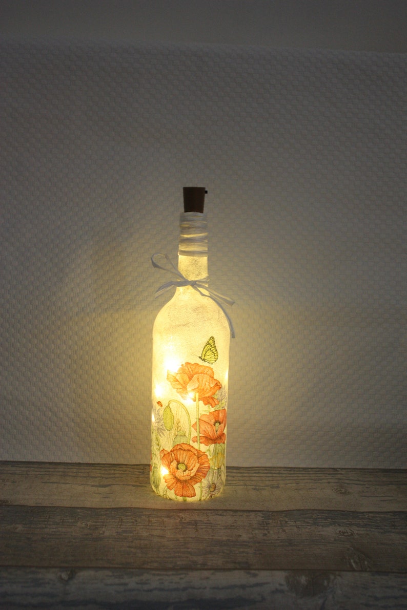 LED Light up Bottle Lamp Decoupage Poppies Bottle Light - Etsy
