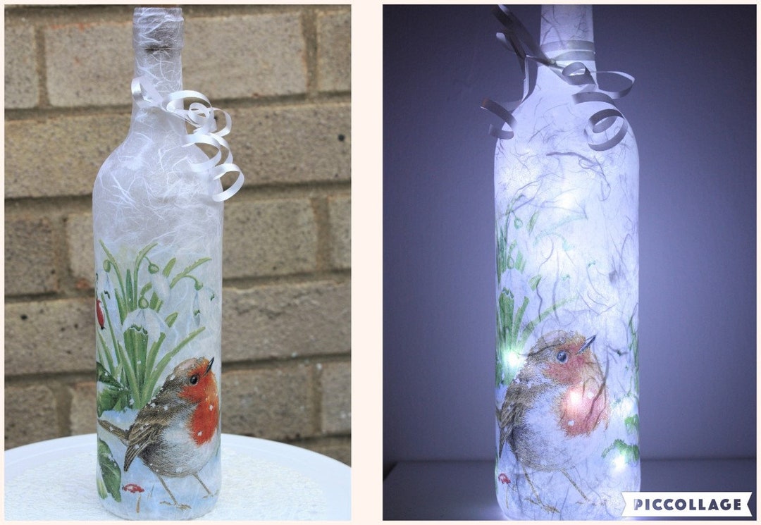 Robin Light up Bottle Lamp, Decoupage Bottle Light, Bottle With Light ...
