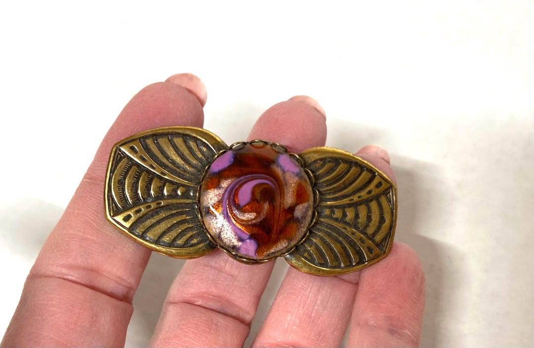Antique Look Brass Pin/brooch - Multi-layered Brass Pin With Orange ...