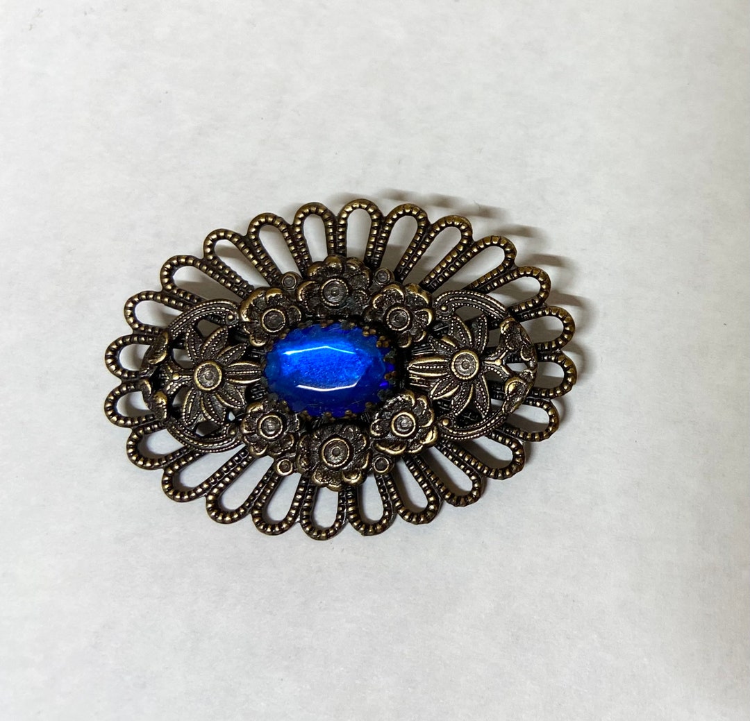 Antique Look Brass Pin/brooch - Multi-layered Brass Pin With Blue Glass ...