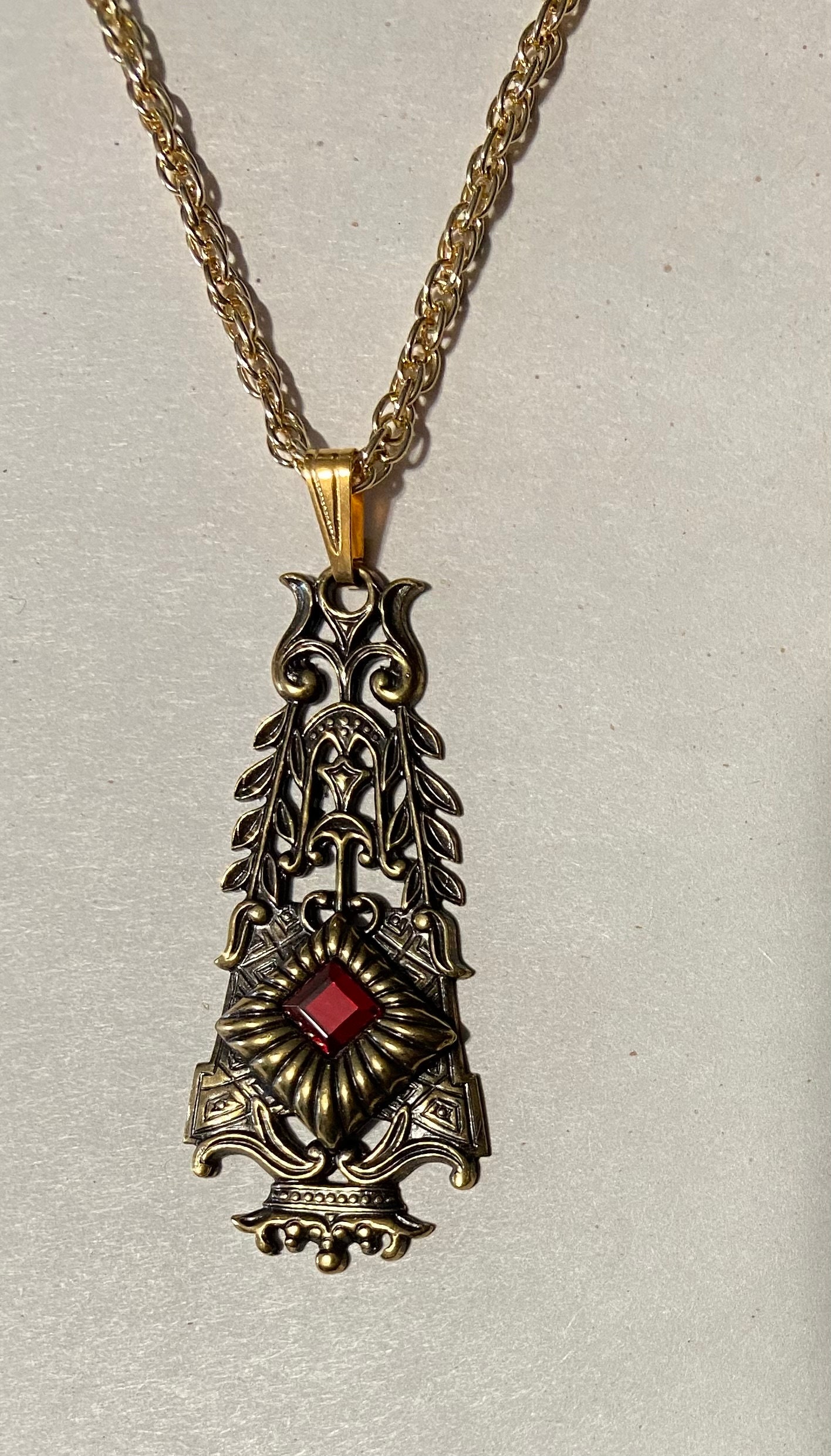 Victorian Look Pendant, Long Fancy Filigree Brass With a Ruby Red Look ...
