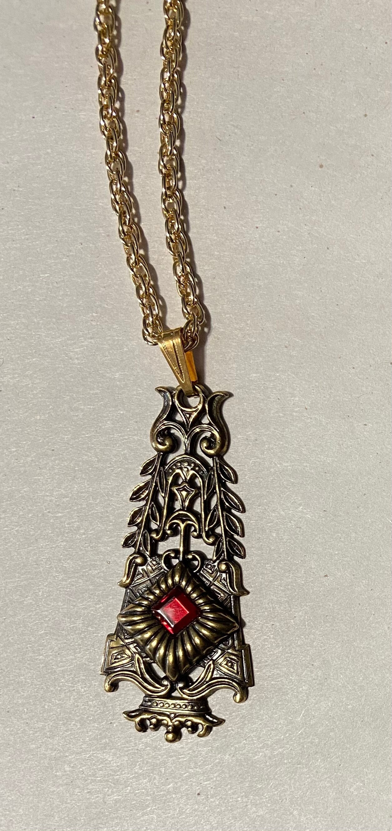 Victorian Look Pendant, Long Fancy Filigree Brass With a Ruby Red Look ...