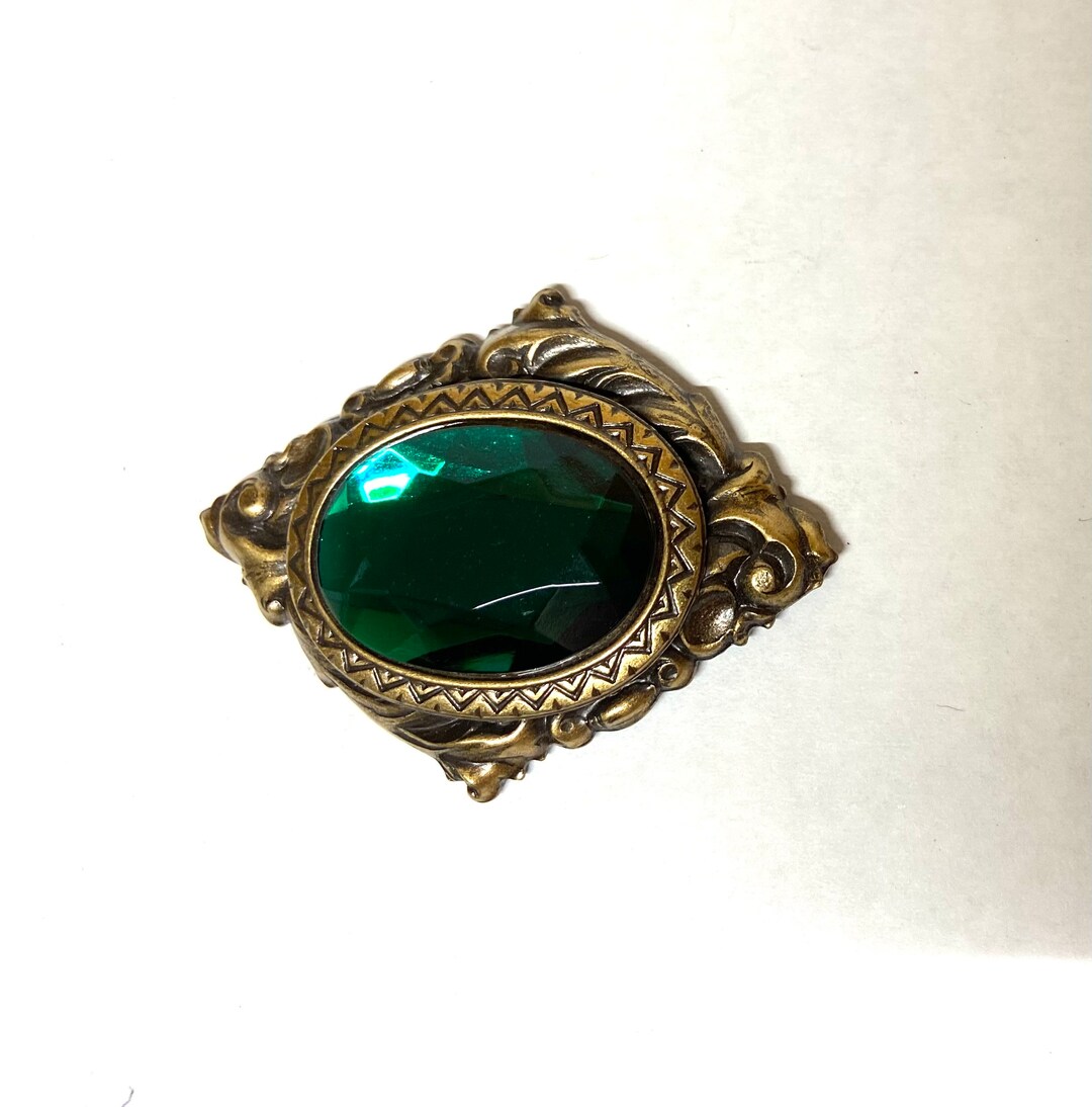Antique Look Brass Pin/brooch - Square Brass Pin With a Green Cabochon ...