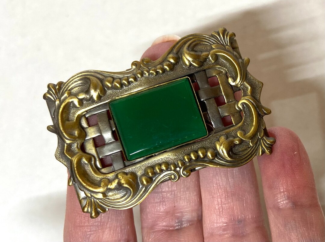 Antique Look Brass Pin/brooch - Multi-layer Brass Pin With Green Glass ...
