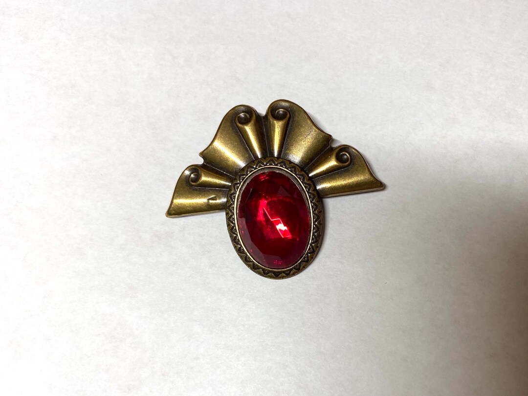 Antique Look Brass Pin/brooch -oval Brass Pin With Red Faceted Glass ...