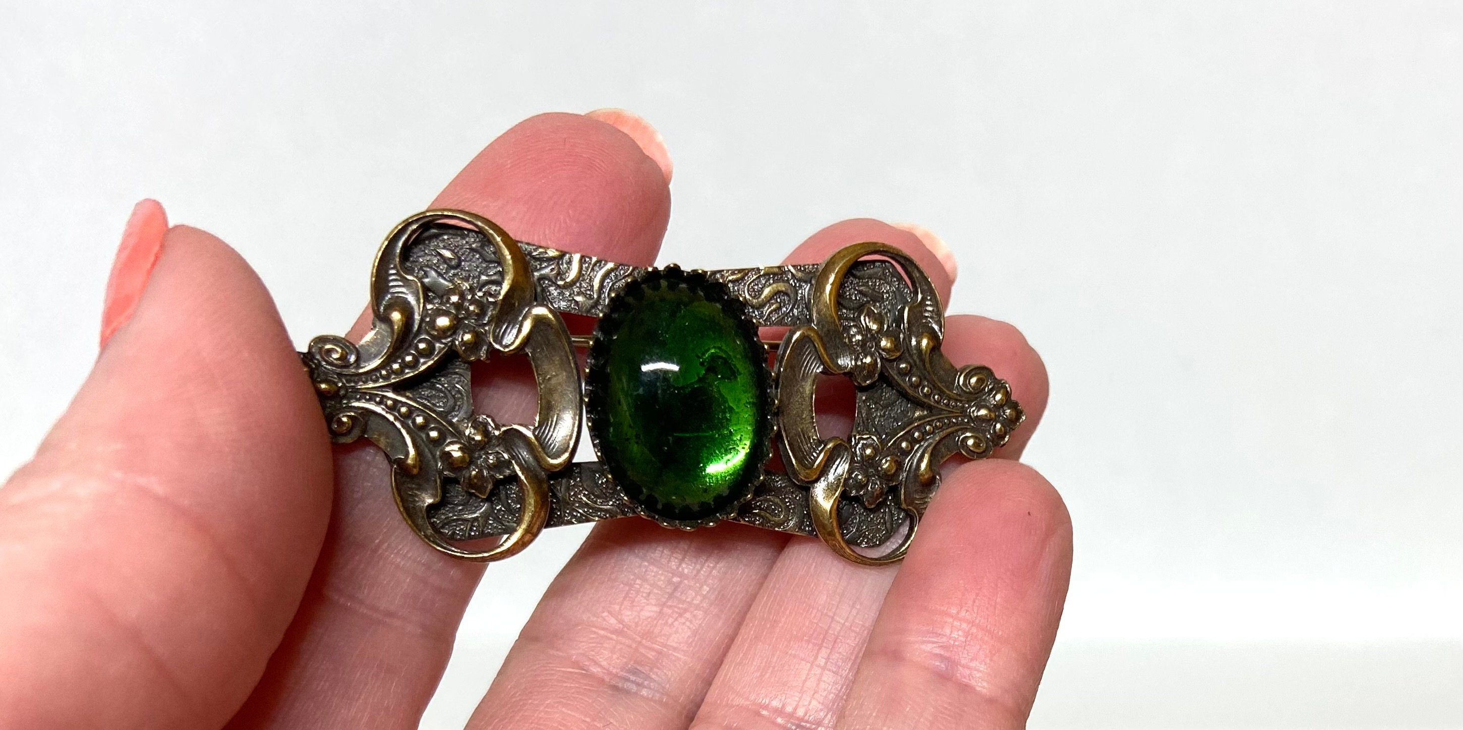 Antique Look Brass Pin/brooch - Bar/collar Pin With Lime Green Cabochon ...