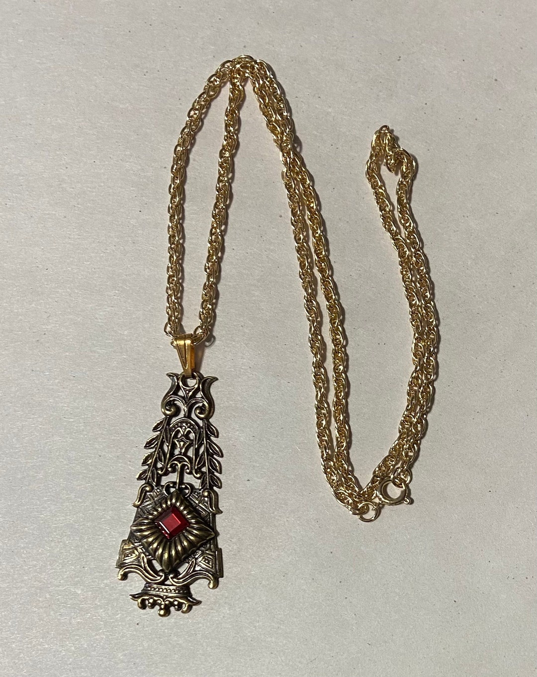 Victorian Look Pendant, Long Fancy Filigree Brass With a Ruby Red Look ...