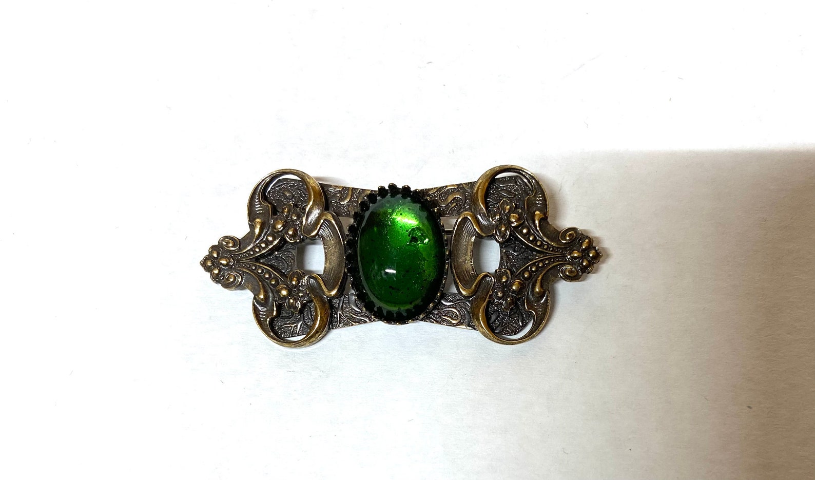 Antique Look Brass Pin/brooch - Bar/collar Pin With Lime Green Cabochon ...
