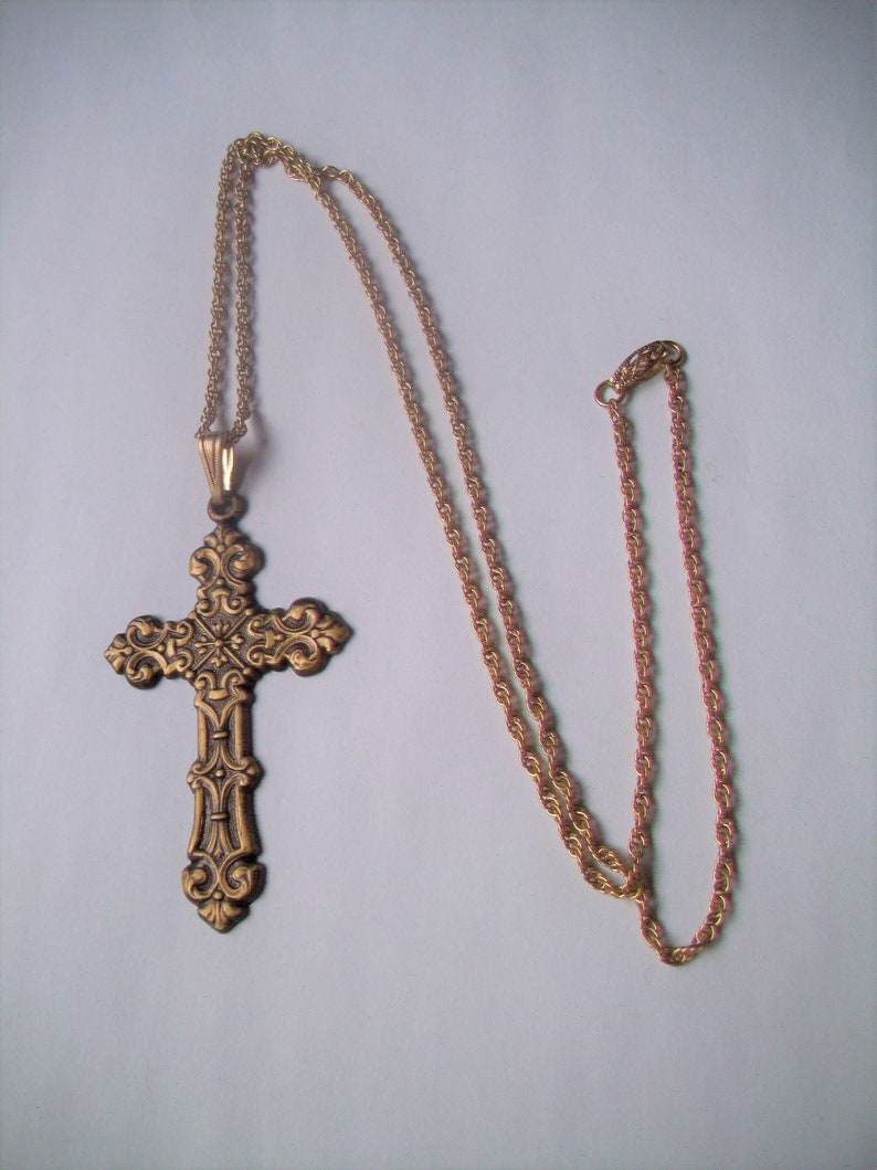 Ornate Cross Pendant Necklace, Antique Brass Finish, 24" Chain, Large ...