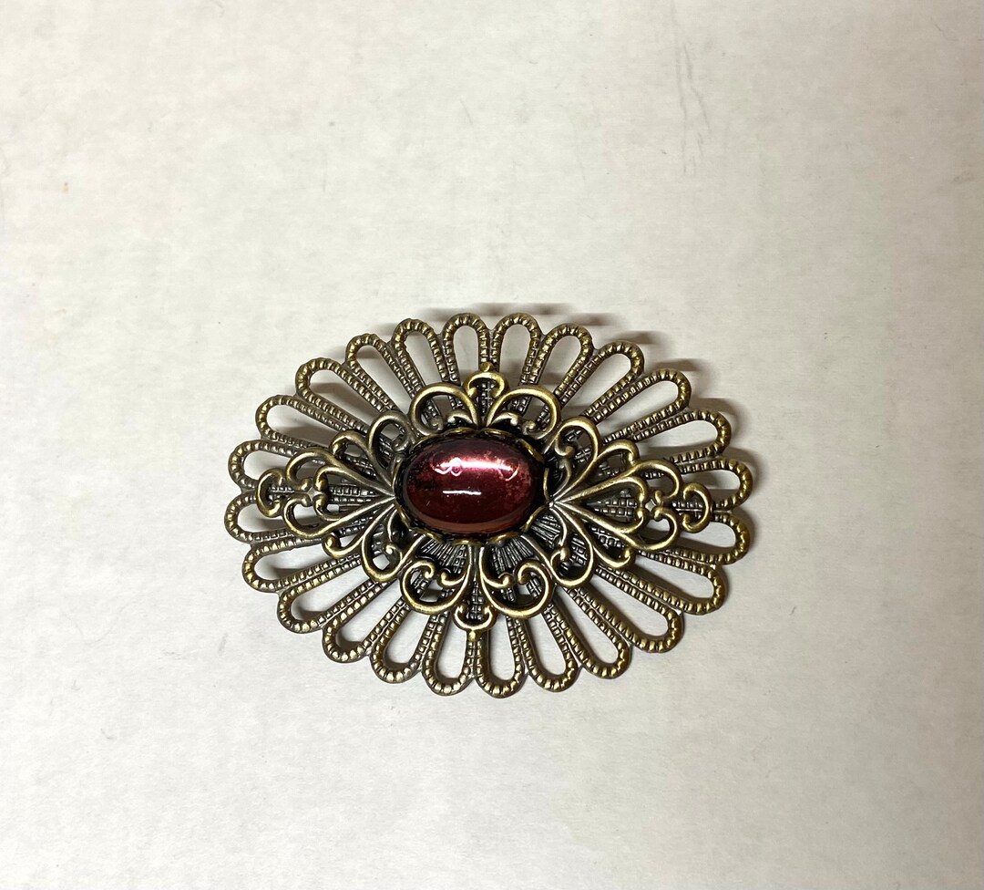 Antique Look Brass Pin/brooch - Multi-layer Brass Pin With Purple Glass ...