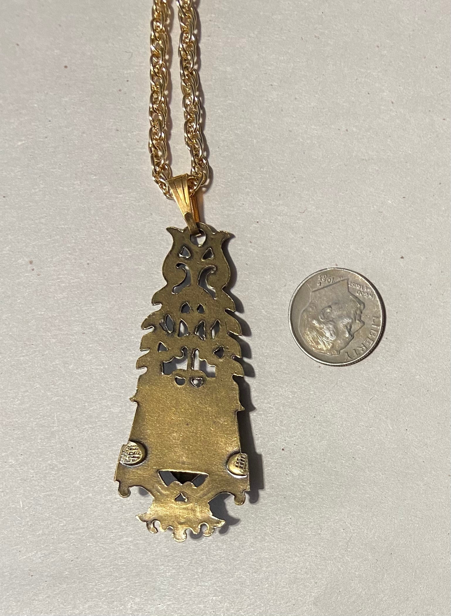 Victorian Look Pendant, Long Fancy Filigree Brass With a Ruby Red Look ...