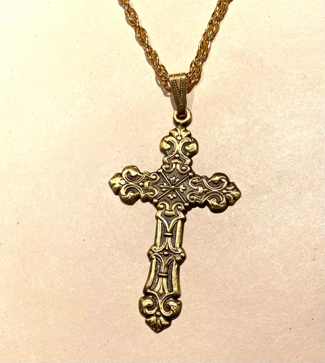 Ornate Cross Pendant Necklace, Antique Brass Finish, 24" Chain, Large ...