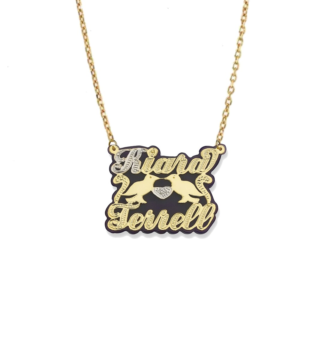 Two Names Black Onyx Birds Diamond Cut Script Gold Nameplate Necklace ...