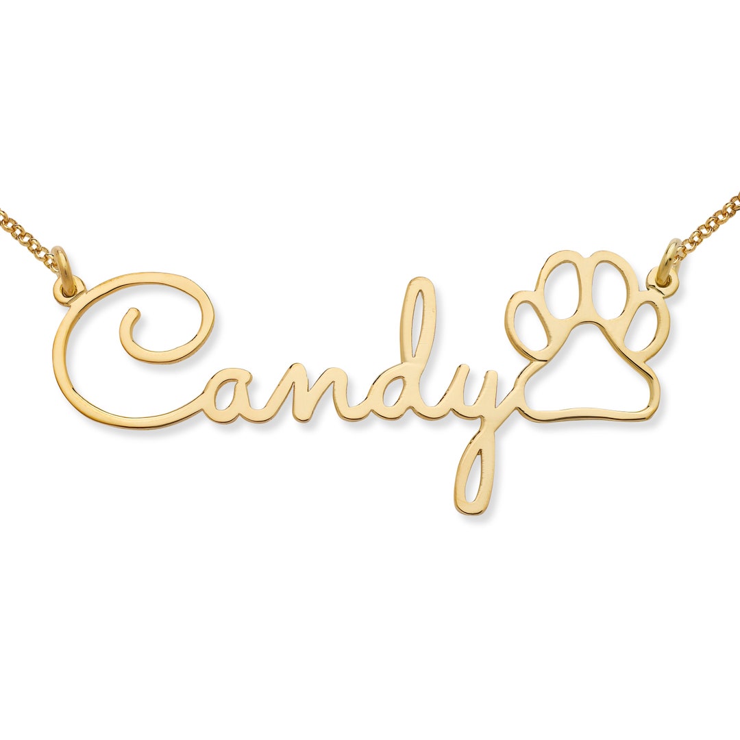 Cursive Gold Nameplate With Dog Paw Necklace - Etsy