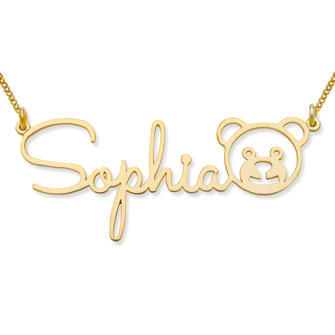 Cursive Gold Nameplate With Teddy Necklace - Etsy