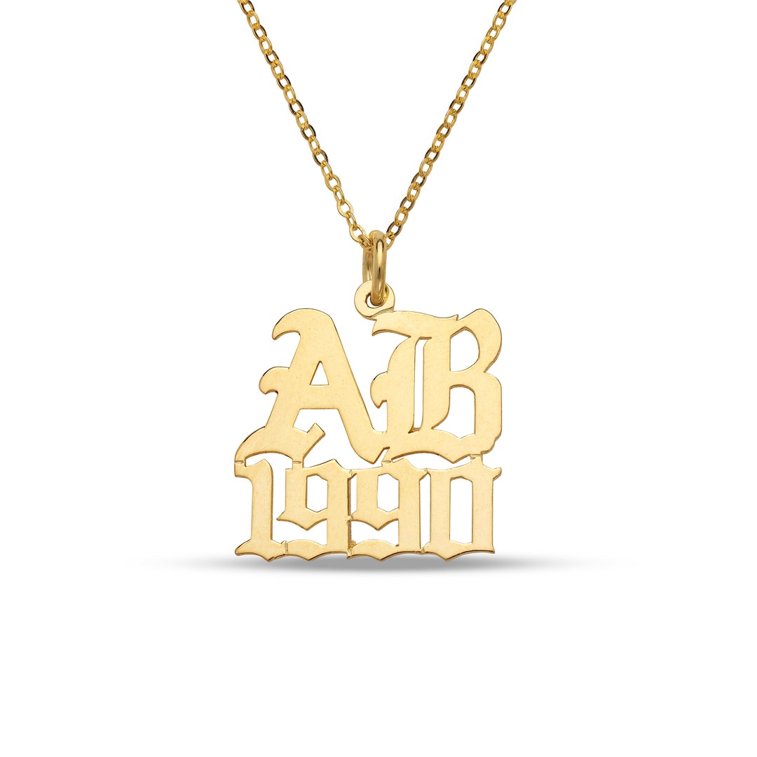 Gothic Initials With Date Gold Nameplate Necklace - Etsy