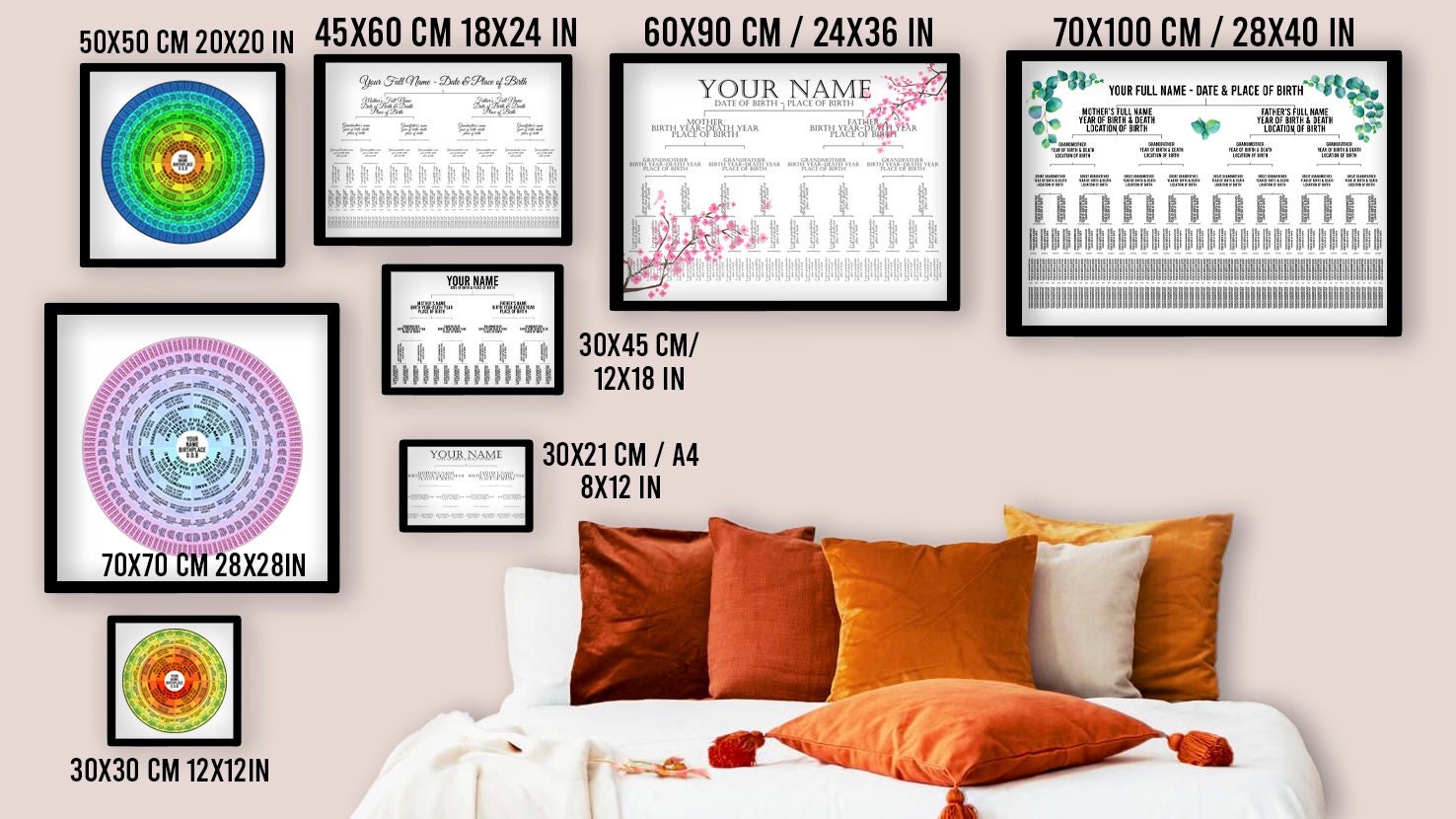 Personalised Full Circle Family Tree Print 8 Generations 3 Sizes Framed ...