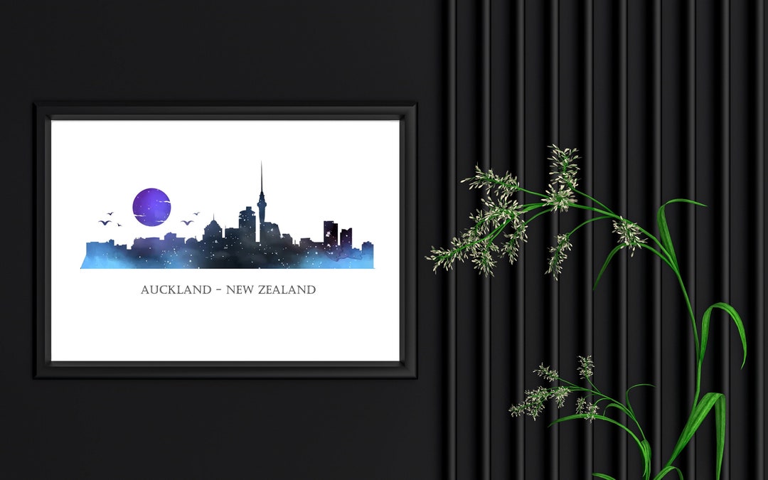 Auckland New Zealand Skyline Watercolour Art Print in Blue Watercolour ...