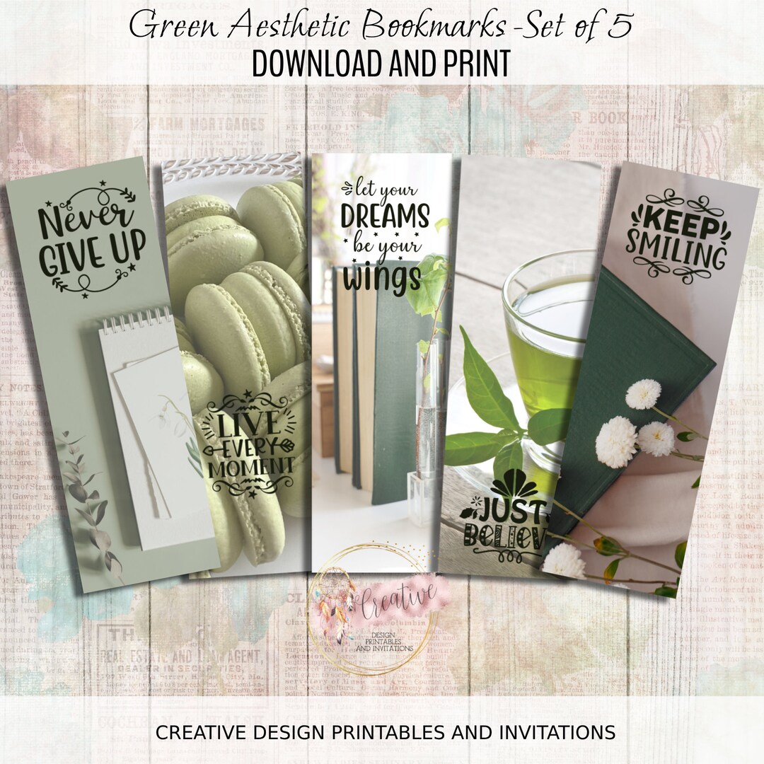 GREEN AESTHETIC Printable BOOKMARKS Set of 5,instant Digital Download ...
