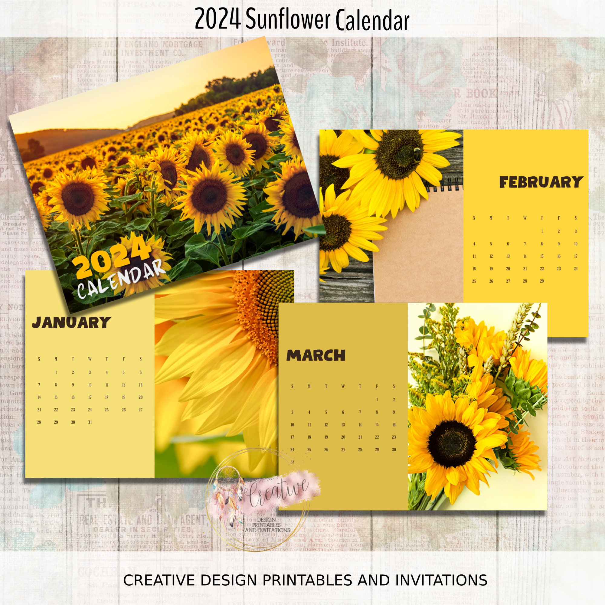 SUNFLOWER 2024 PRINTABLE CALENDAR Printable Landscape - Etsy