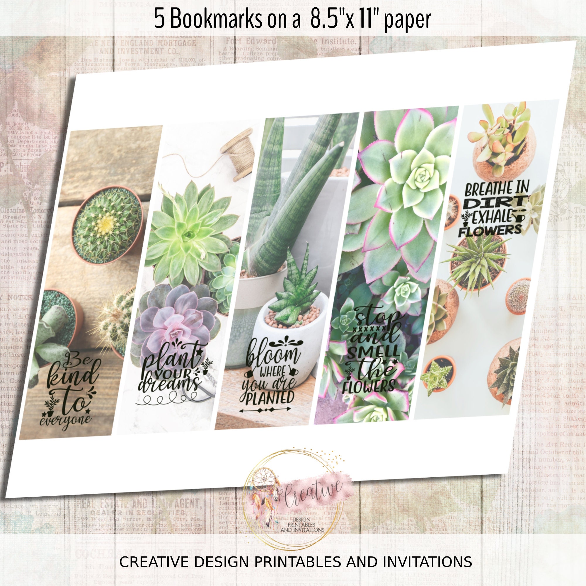 SUCCULENTS Printable BOOKMARKS Set of 5instant Digital - Etsy