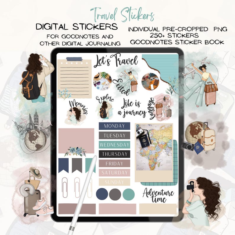 Travel Digital Stickers, Goodnotes Planner Stickers (250+ PNG) - Etsy