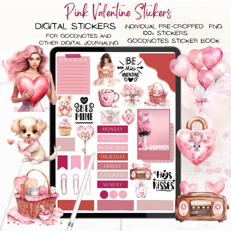 Pink VALENTINE GOODNOTES STICKERS, Love Digital Stickers, Valentine ...