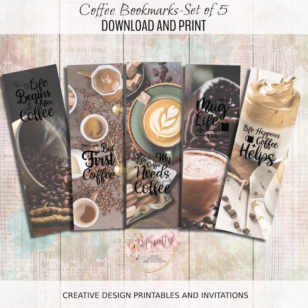 COFFEE Printable BOOKMARKS Set of 5,instant Digital Download for Craft ...
