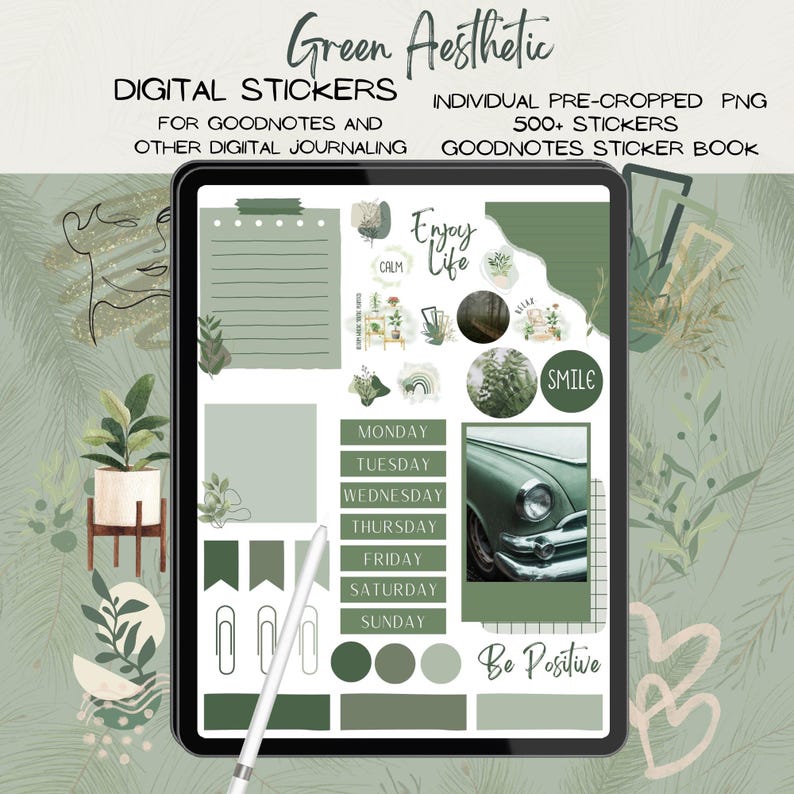 GREEN Aesthetic GOODNOTES STICKERS, Digital Stickers, Green Digital ...