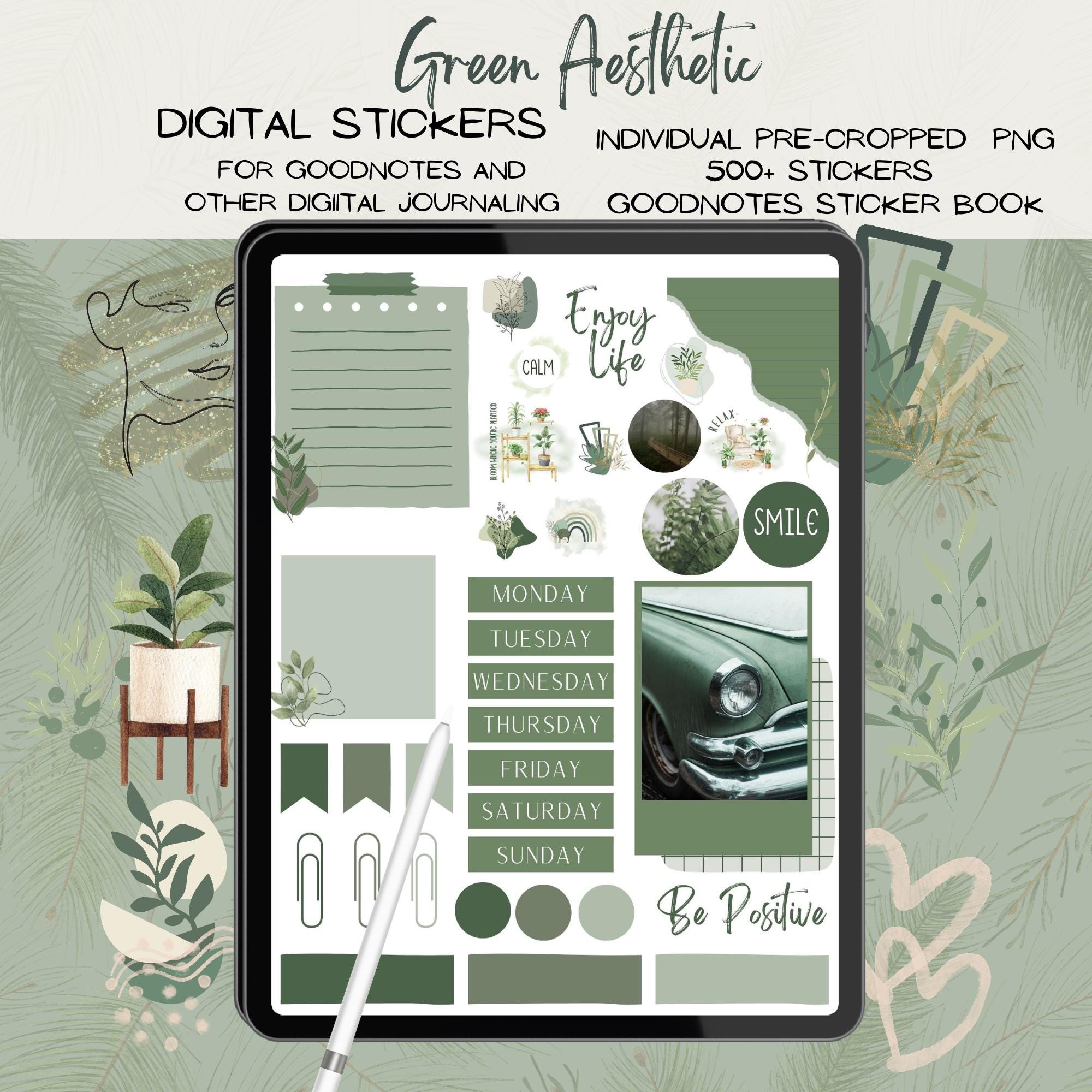 GREEN Aesthetic GOODNOTES STICKERS, Digital Stickers, Green Digital ...