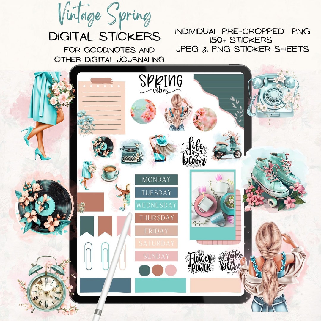 Vintage Spring Digital Stickers, Planner Journal (PNG, JPEG) - Etsy